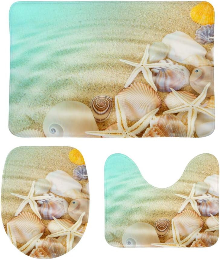 Non-Slip 3 Piece Bathroom Rug Set Shells and Starfish On Beach Water ...