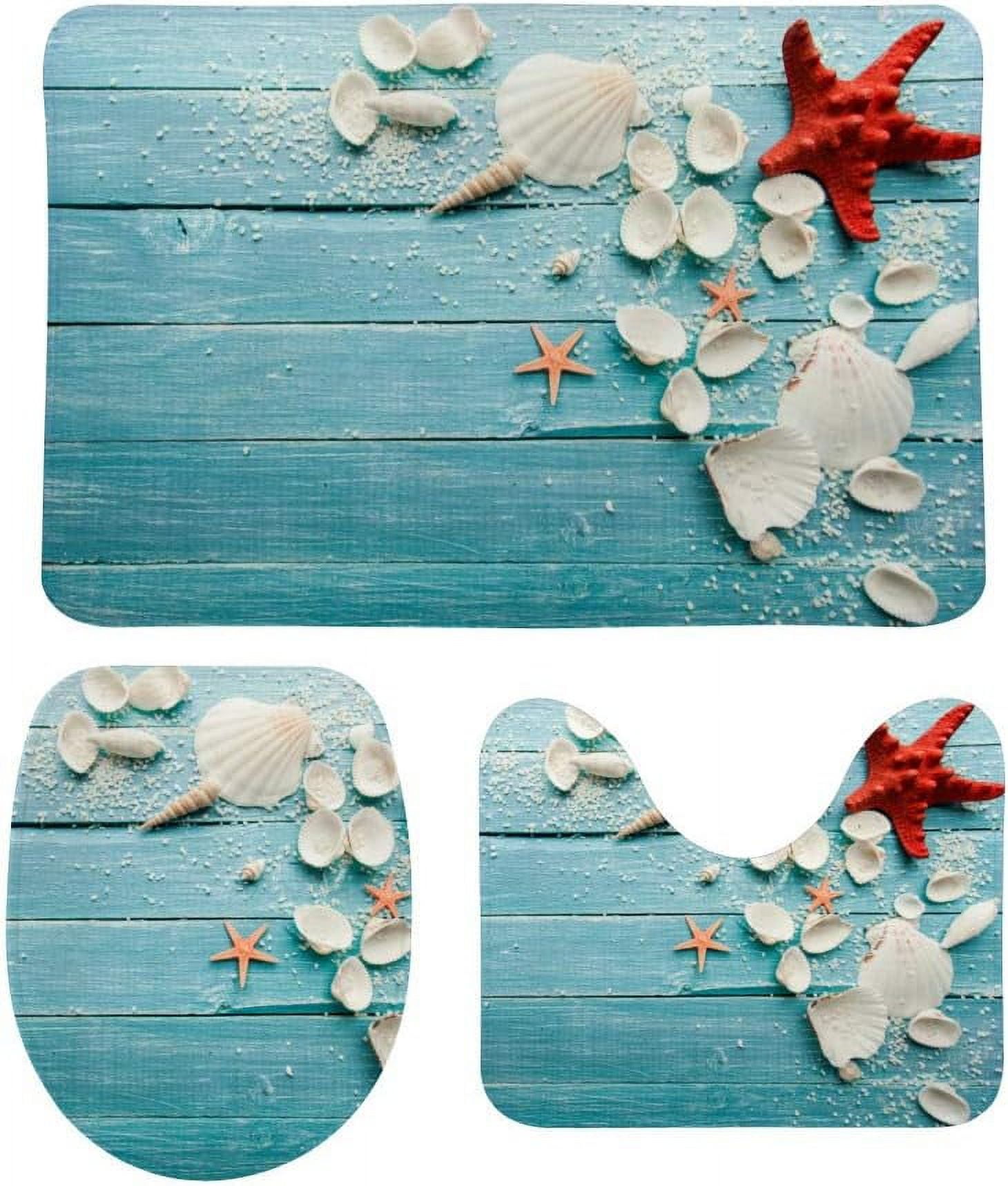 Non-Slip 3 Piece Bathroom Rug Set Shells and Starfish On Wood Floor ...