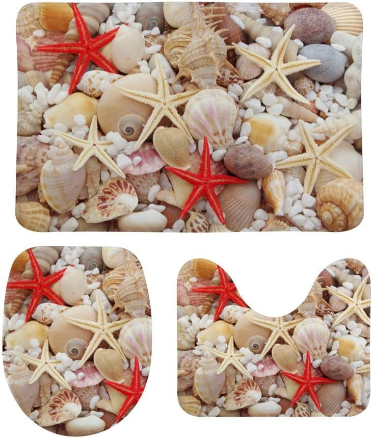 Non-Slip 3 Piece Bathroom Rug Set Shells and Starfish Soft Contour Rug ...