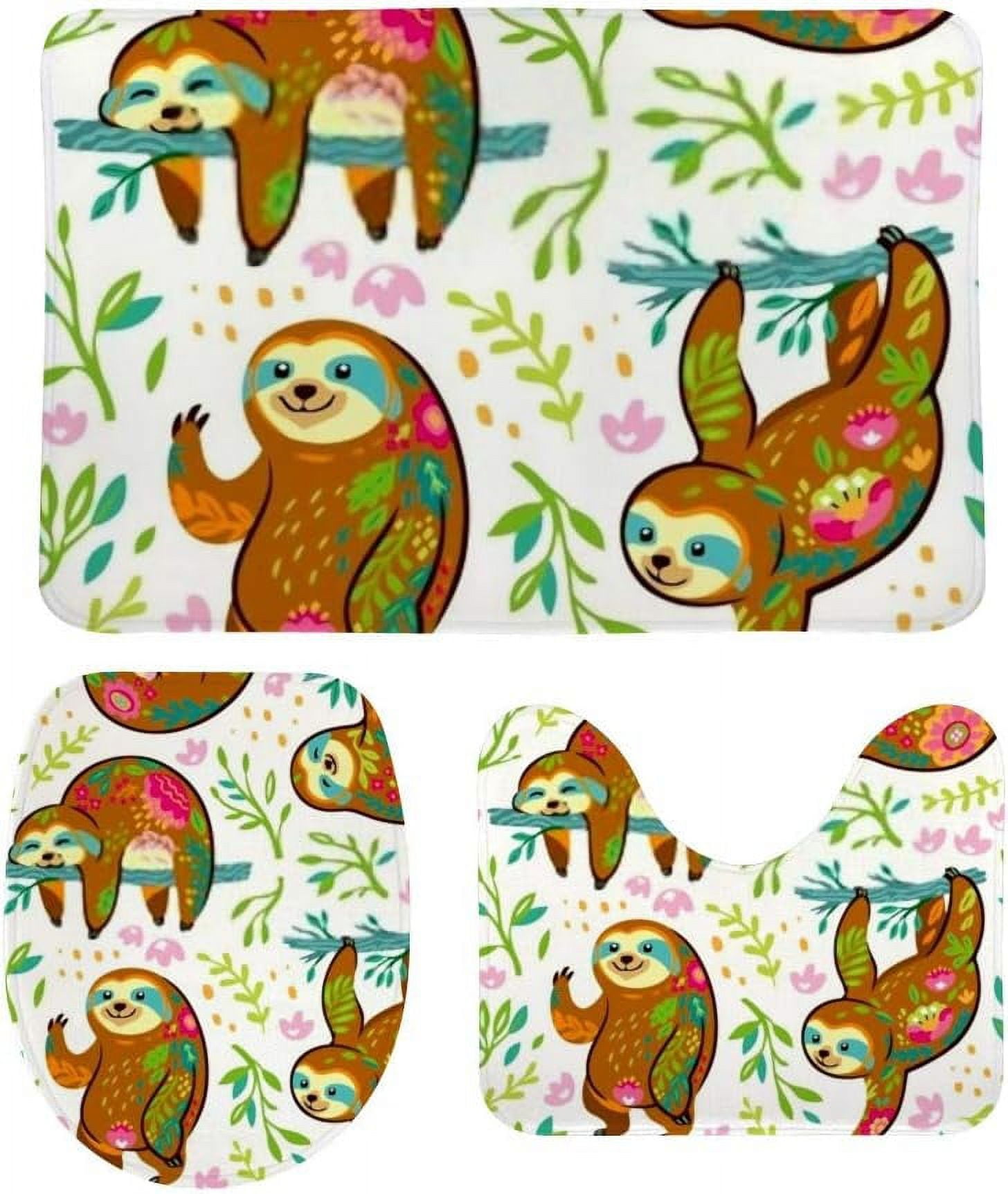 Non-Slip 3 Piece Bathroom Rug Set Sloth Floral Ornament Soft Contour ...