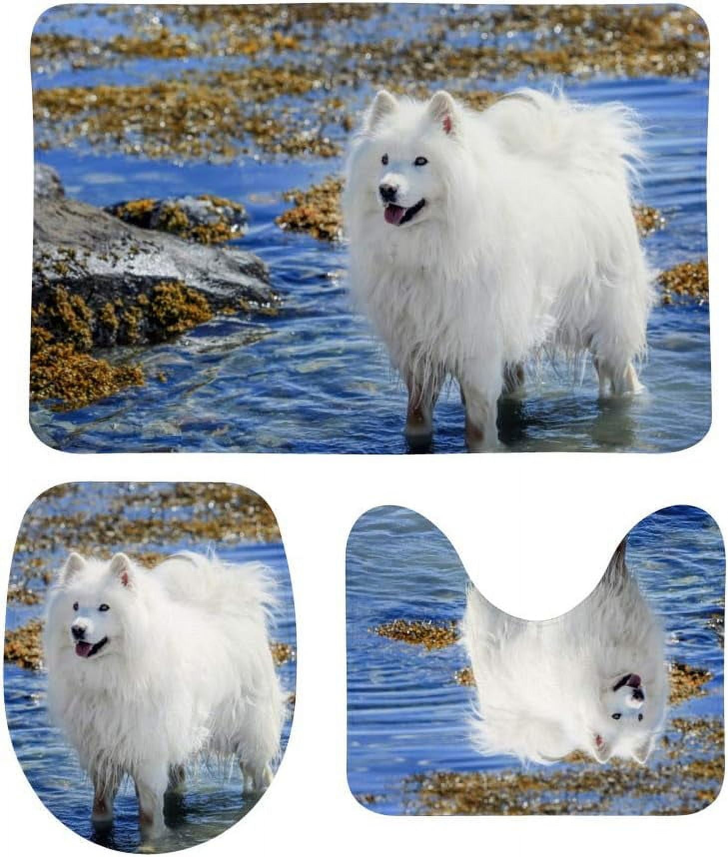Non-Slip 3 Piece Bathroom Rug Set Smiling White Dog Samoyed Soft ...