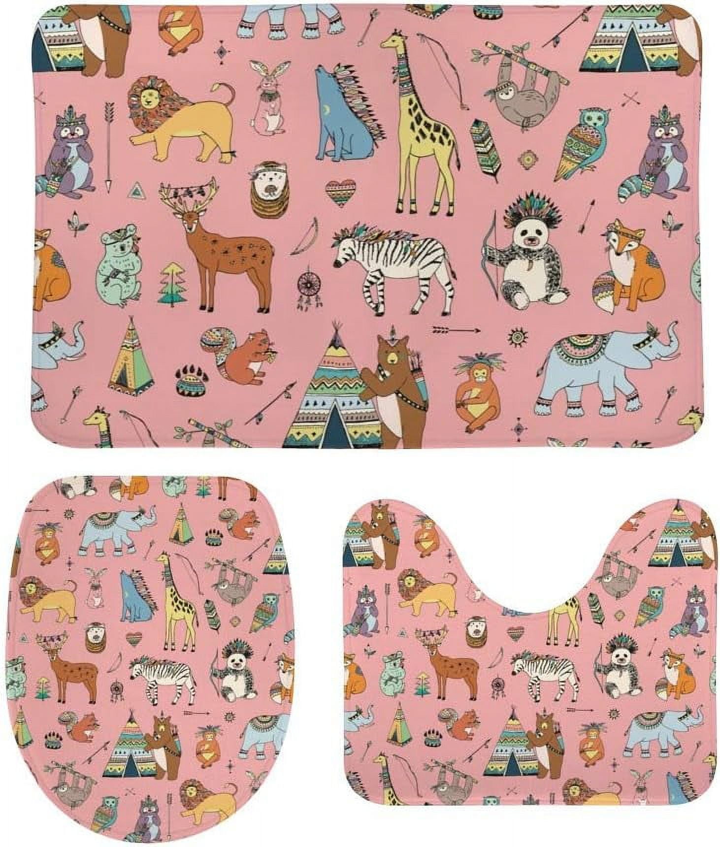 Non-Slip 3 Piece Bathroom Rug Set Tribal Animals On Pink Soft Contour ...