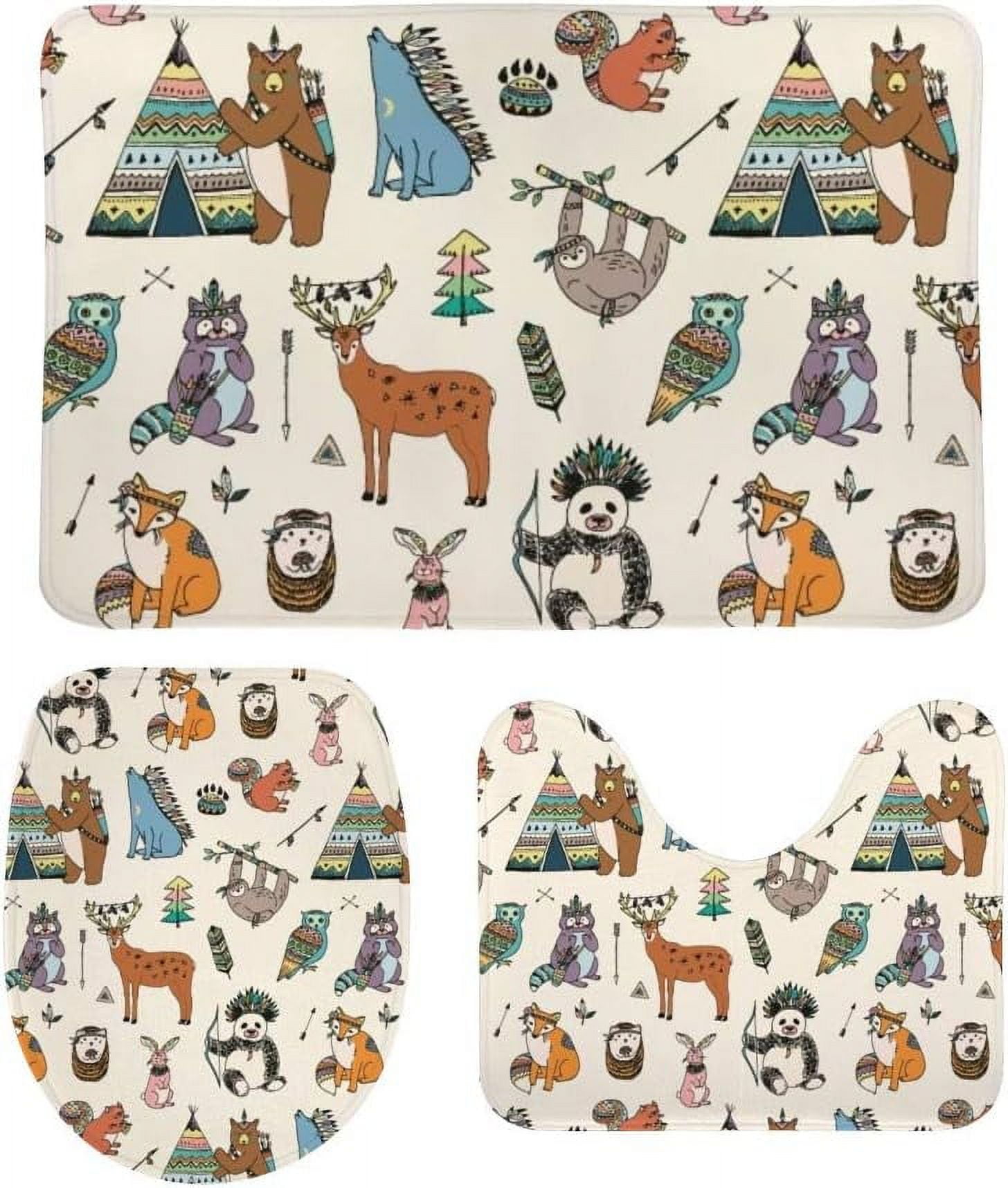 Non-Slip 3 Piece Bathroom Rug Set Tribal Animals Woodland Forest Soft ...
