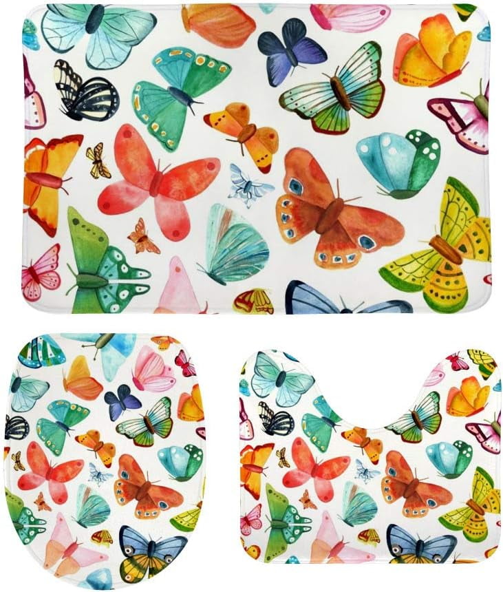Non-Slip 3 Piece Bathroom Rug Set Watercolor Butterflies Soft Contour ...