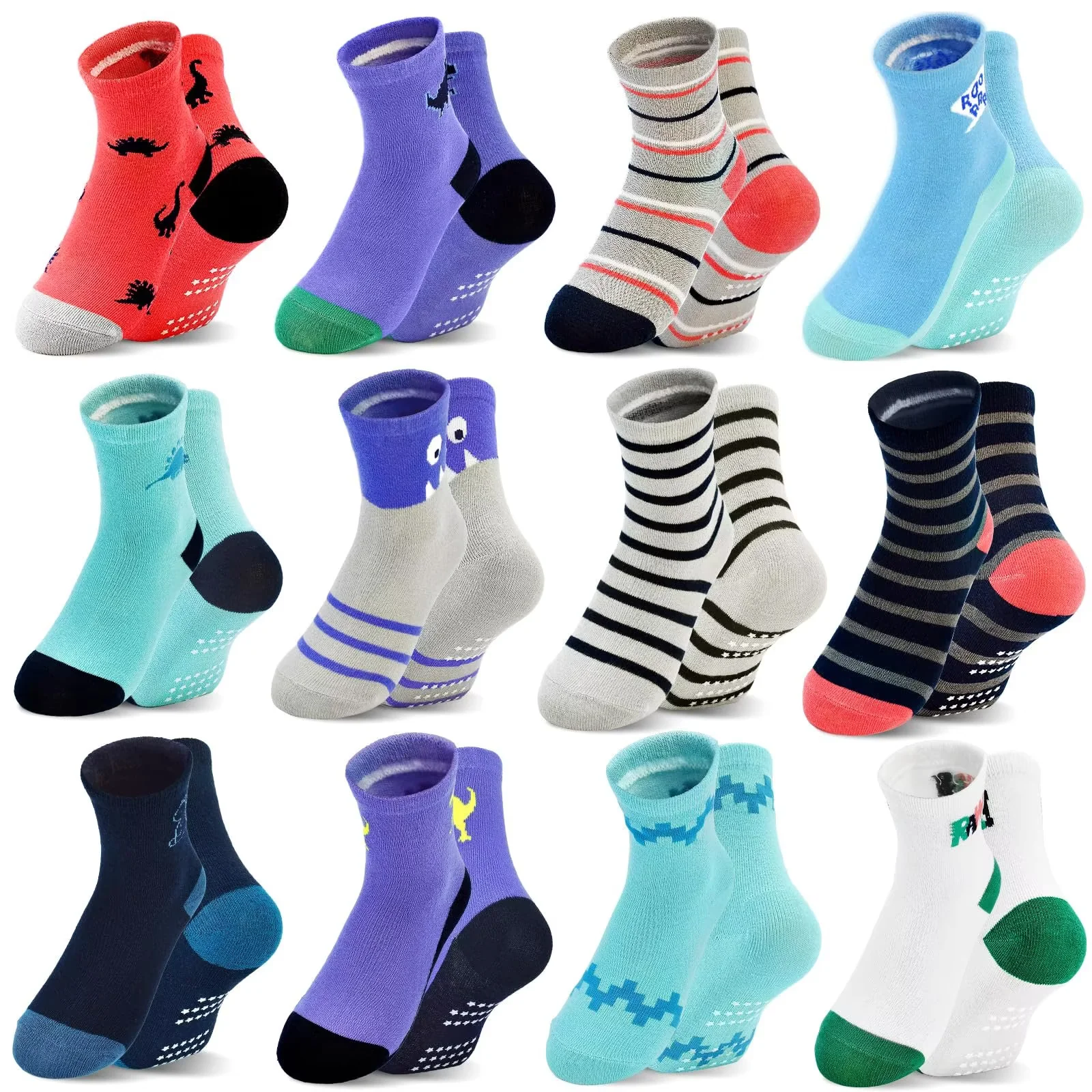 HYCLES, Non-Slip Baby Socks With Grips, 12 Pairs, Cartoon Toddler Socks ...