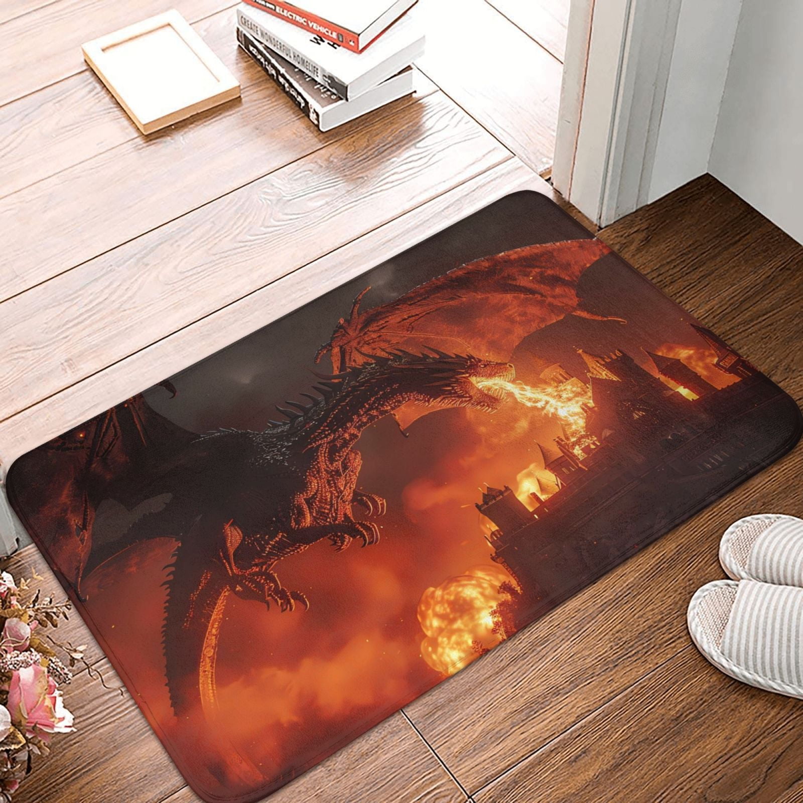 Non Slip Door Mat, Fiery Dragons Castle Attack Fast Drying Bath Tub ...