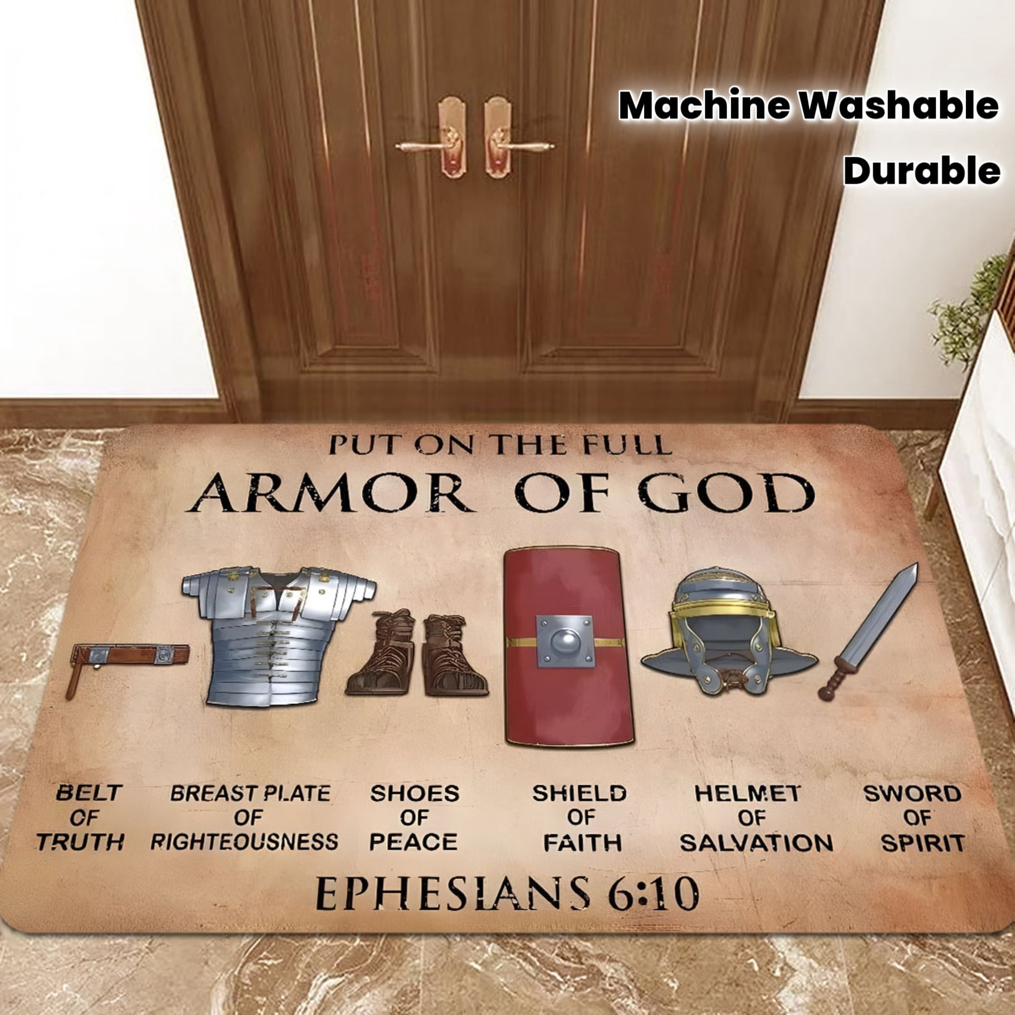 Non-Slip Rubber-Backed Washable Doormat with Ephesians 6:10 Armor of ...