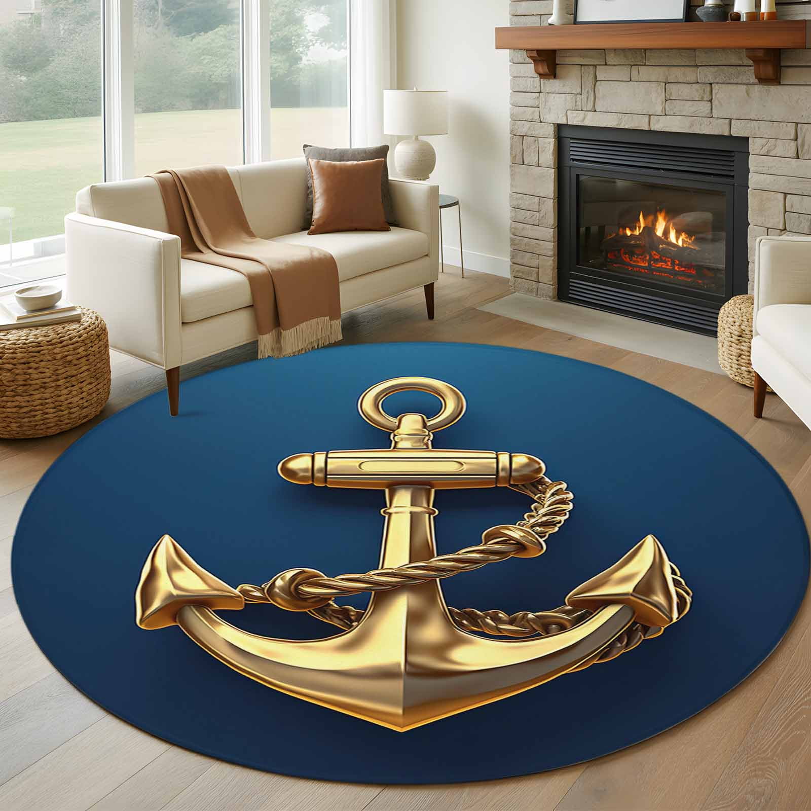Non-Slip Rug Pad Rugs Gold Ship Anchor Round Area Rugs 5Ft Soft Carpet ...