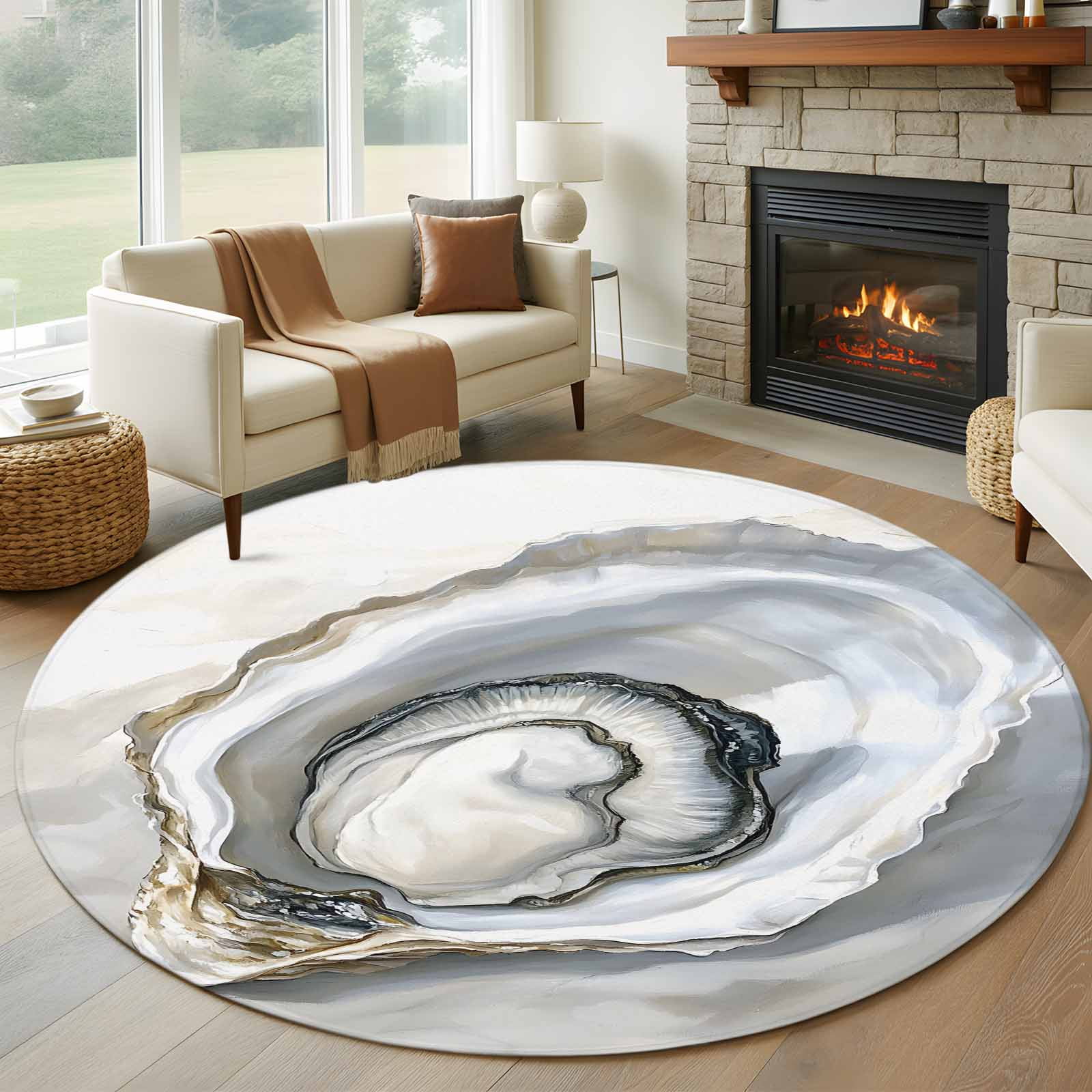 Non-Slip Rug Pad Rugs Ocean Oyster Shell on Beach Round Area Rugs 5Ft ...