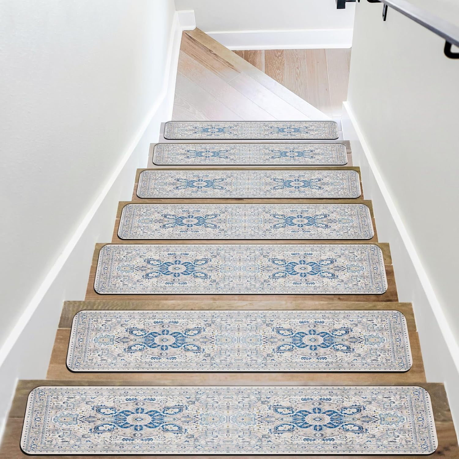 Non-Slip Stair Treads Blue Grey Ethnic Pattern Indoor Stair Runners for ...