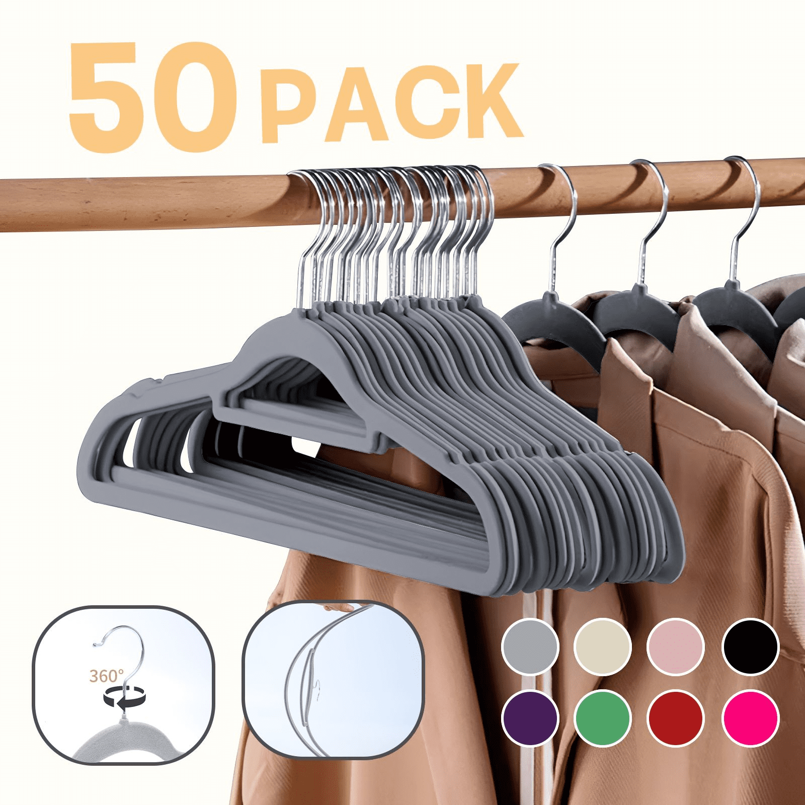 Non-Slip Velvet Hangers, 50 Pack - Heavy Duty Coat Hangers with 360 ...
