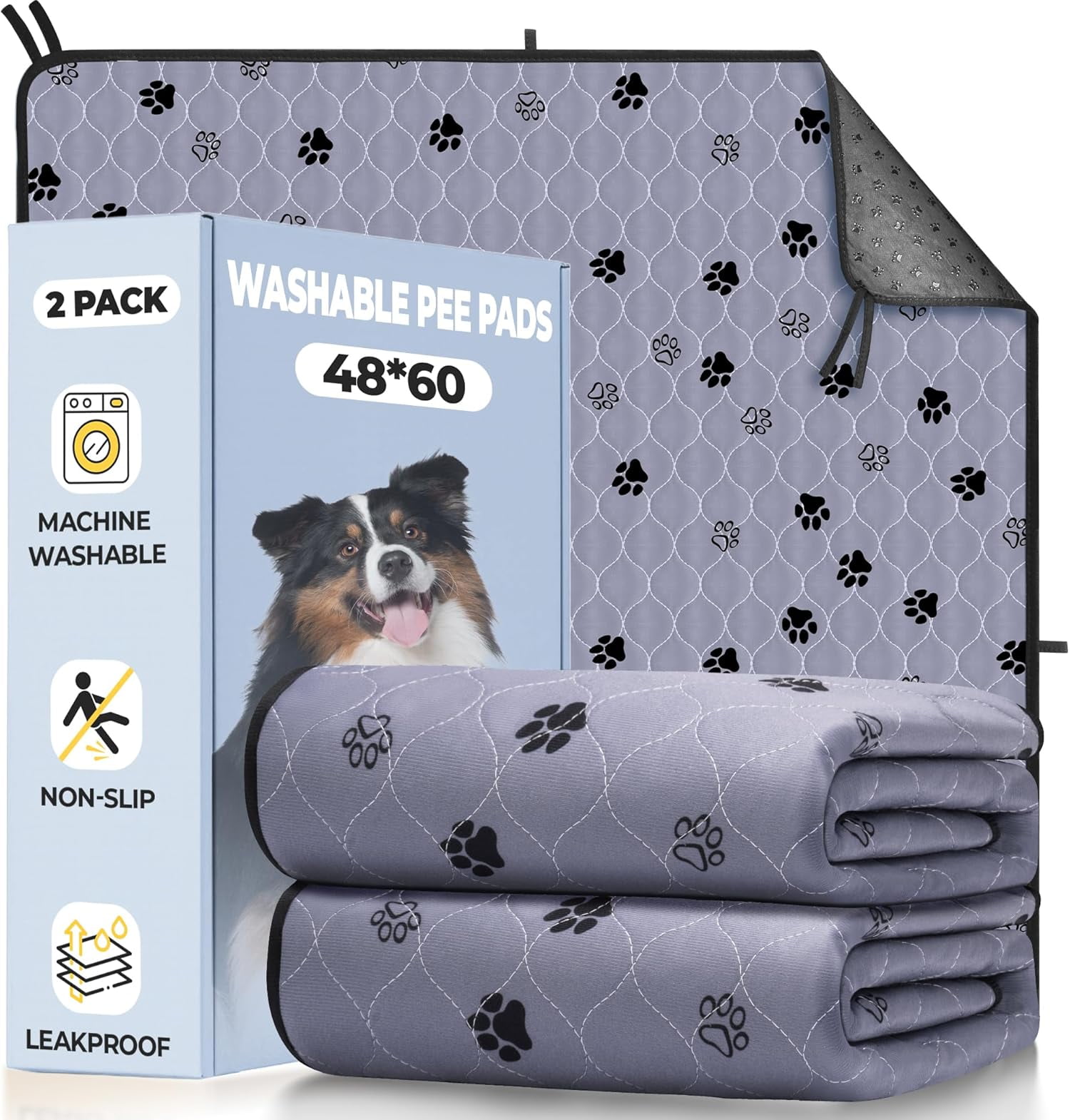 Non-Slip Washable Pee Pads for Dogs, 2 48''x60'' -Absorbent and Leak ...