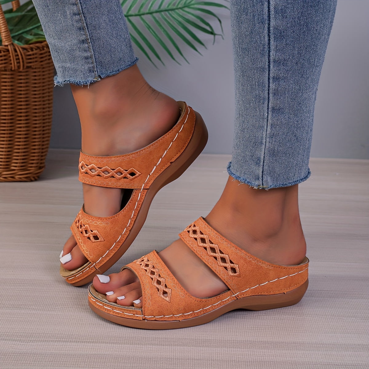 Non-Slip Wedge Slide Sandals Women's Comfy Open Toe Double Band Shoes ...