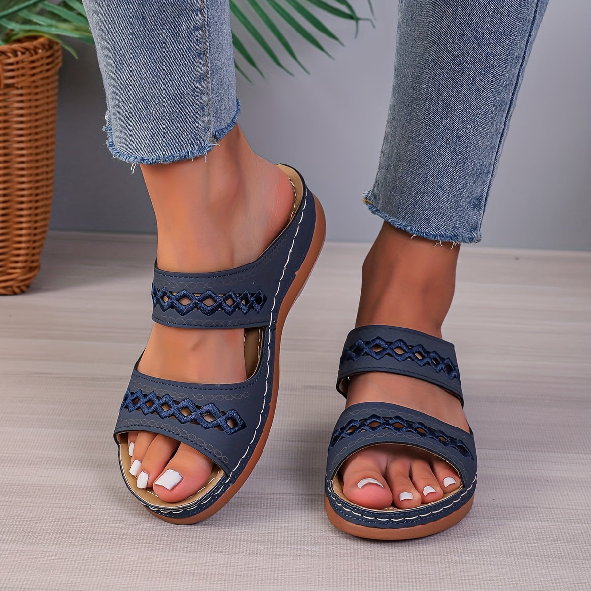 Non-Slip Wedge Slide Sandals Women's Comfy Open Toe Double Band Shoes ...