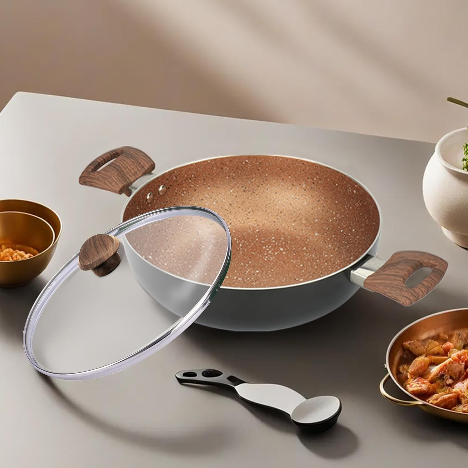 Non Stick Aluminium Kadai With Lid 3.6 Liters, Golden | 26 Cm Diameter ...