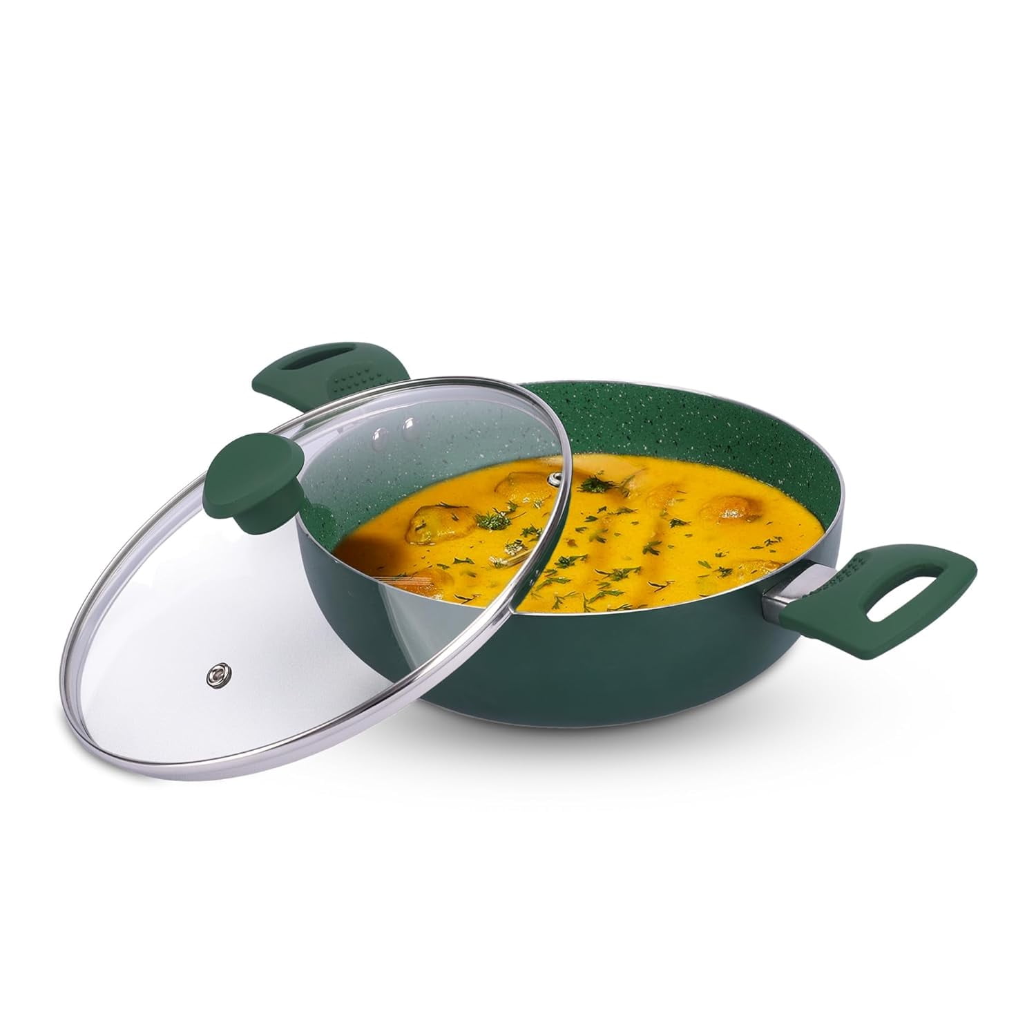 Non Stick Aluminium Kadai With Lid 3.6 Liters, Green | 26 Cm Diameter ...