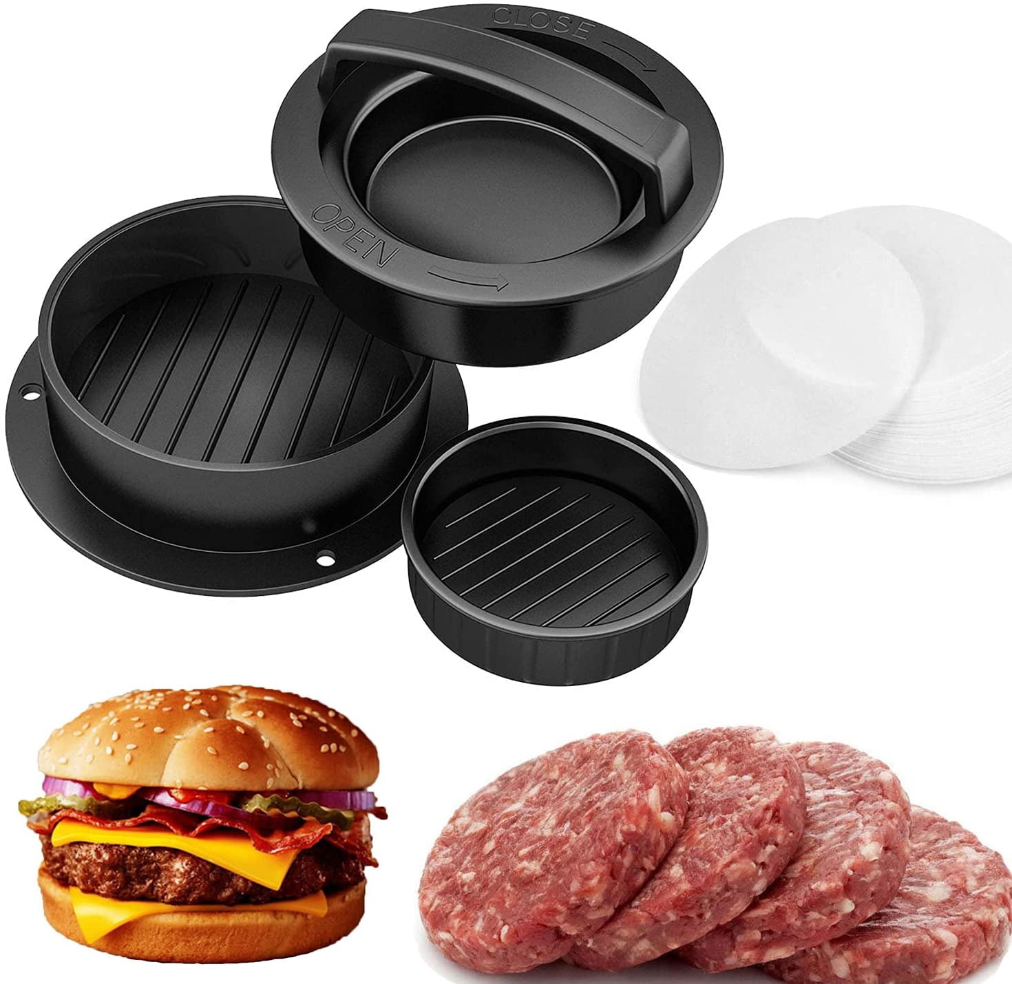 Non Stick Burger Press with 200 Wax Papers, Hamburger Press Patty Maker ...
