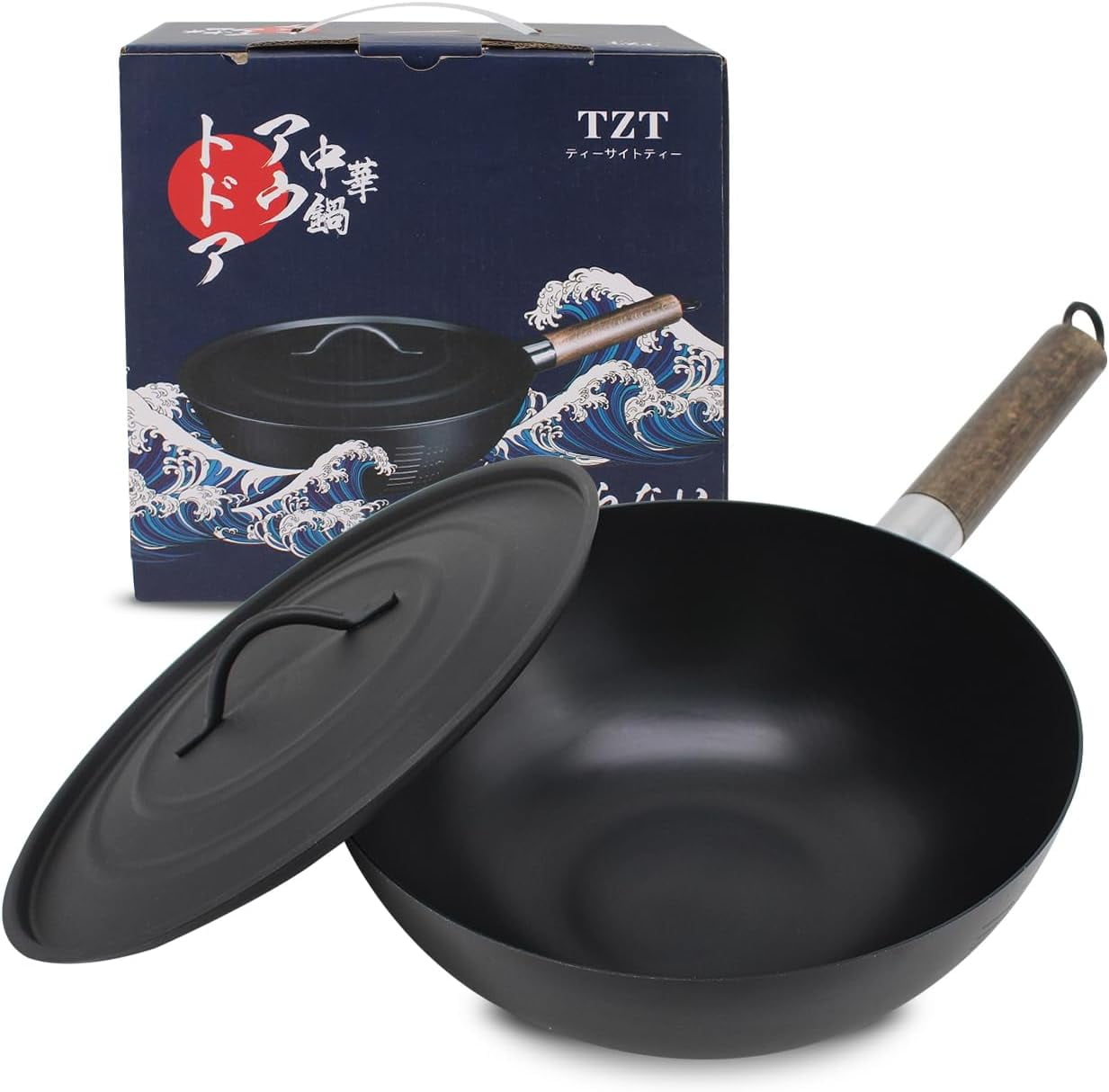 Non-Stick Cast Iron Wok Small Wok Pan with Iron Lid Wodden Handle Suitable for All Stoves, 9 ...