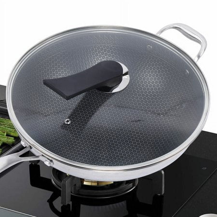 Double-Sided Honeycomb Frying Pan, Stainless Steel Wok with Glass Lid ...