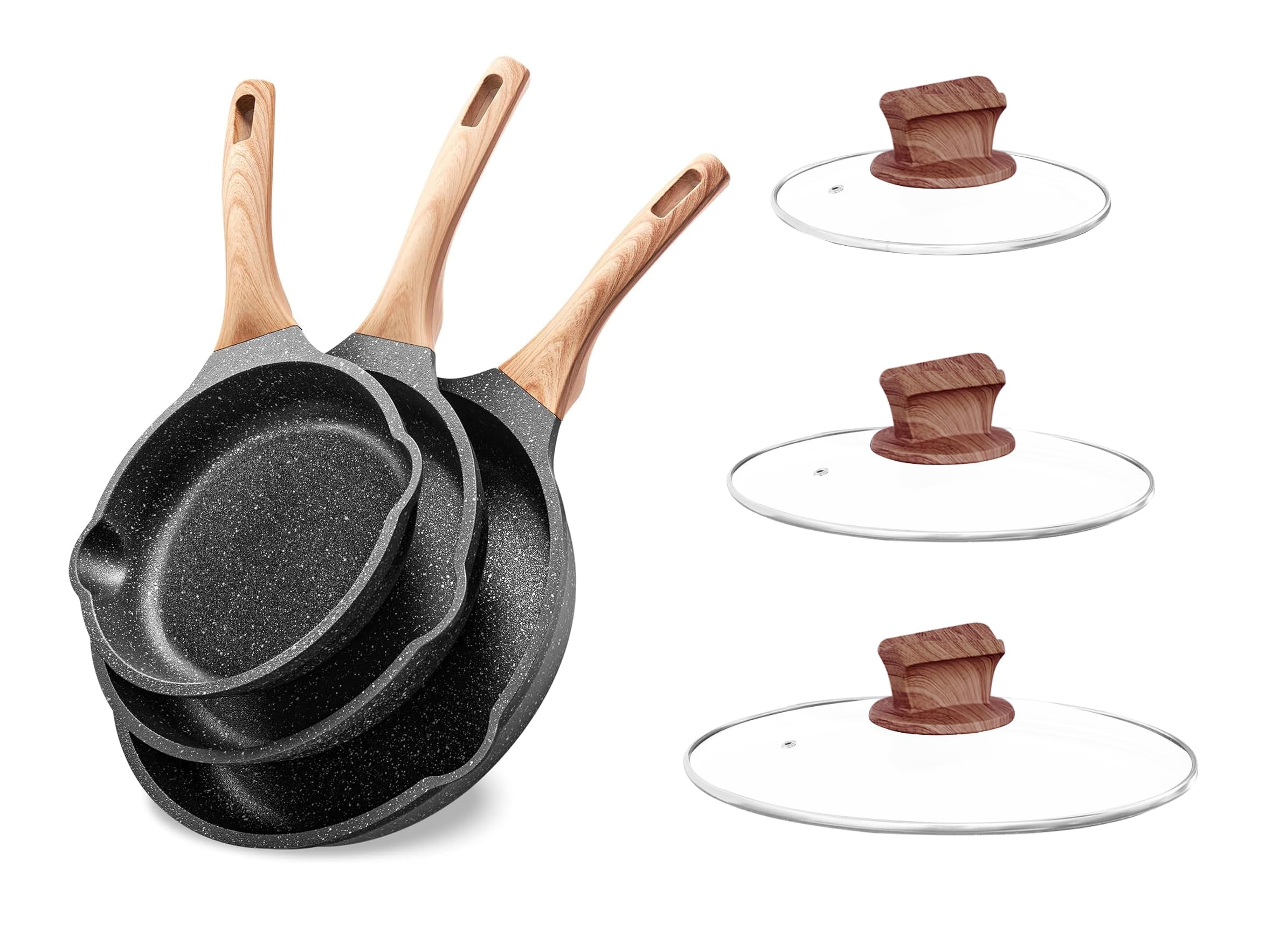 Non Stick Frying Pan Set With Lids, Granite Skillet Set, Egg Omelette ...