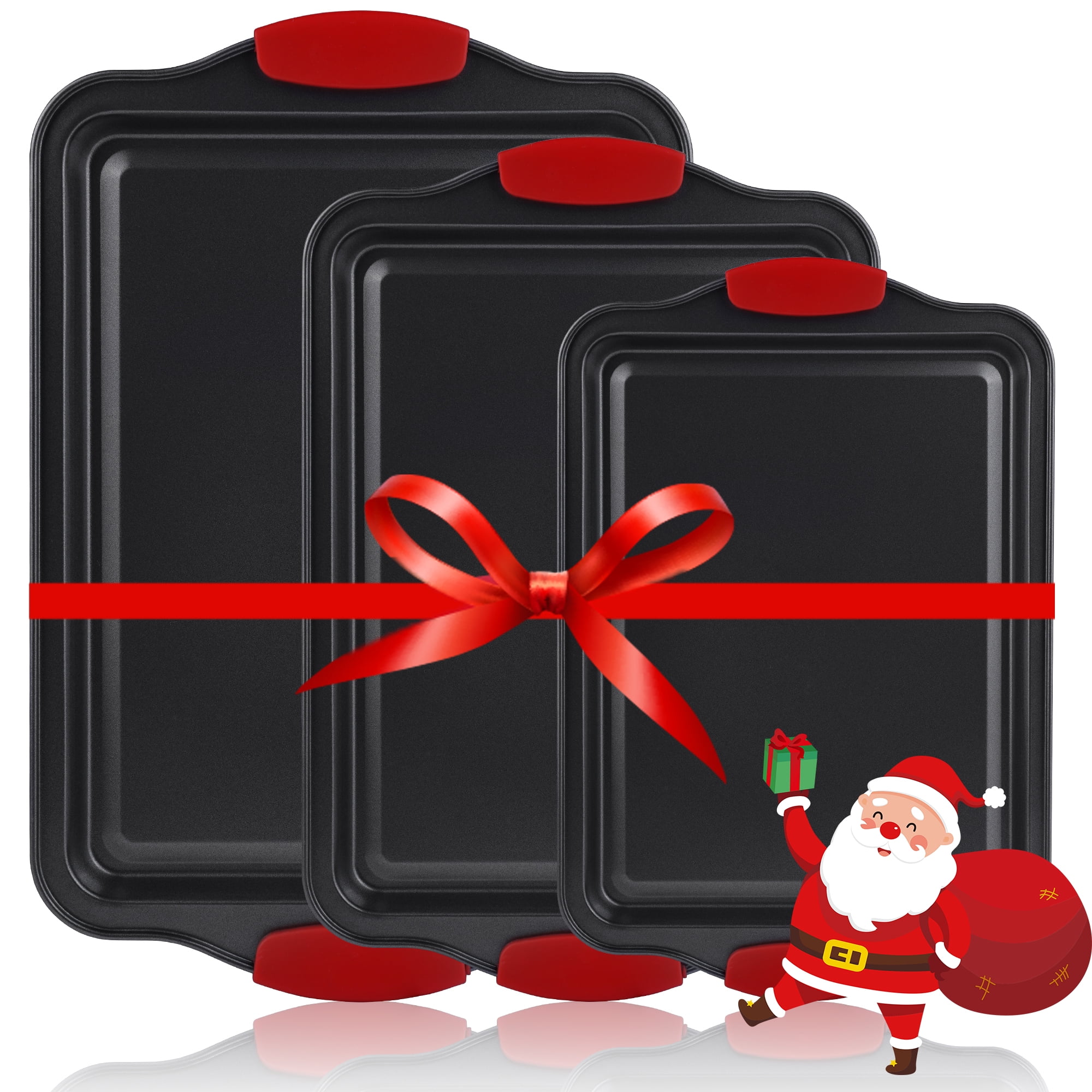 Kosbon Non-Stick Baking Pans Set, 3pcs Gray Coating, Red Silicone ...