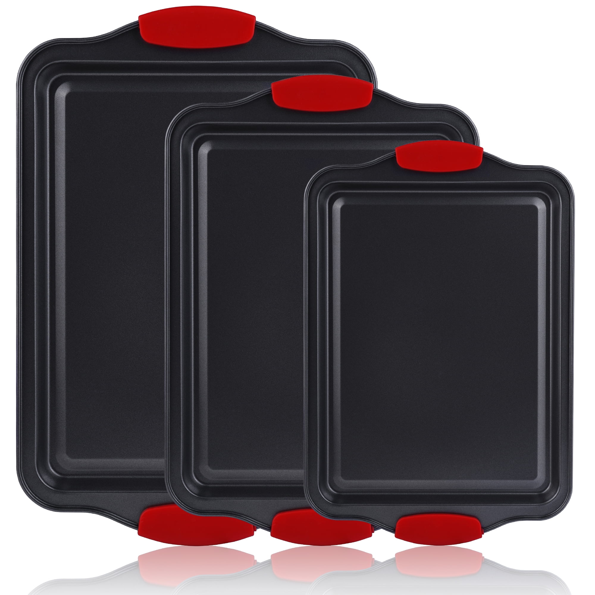 Kosbon Non-Stick Baking Pans Set, 3pcs Gray Coating, Red Silicone ...