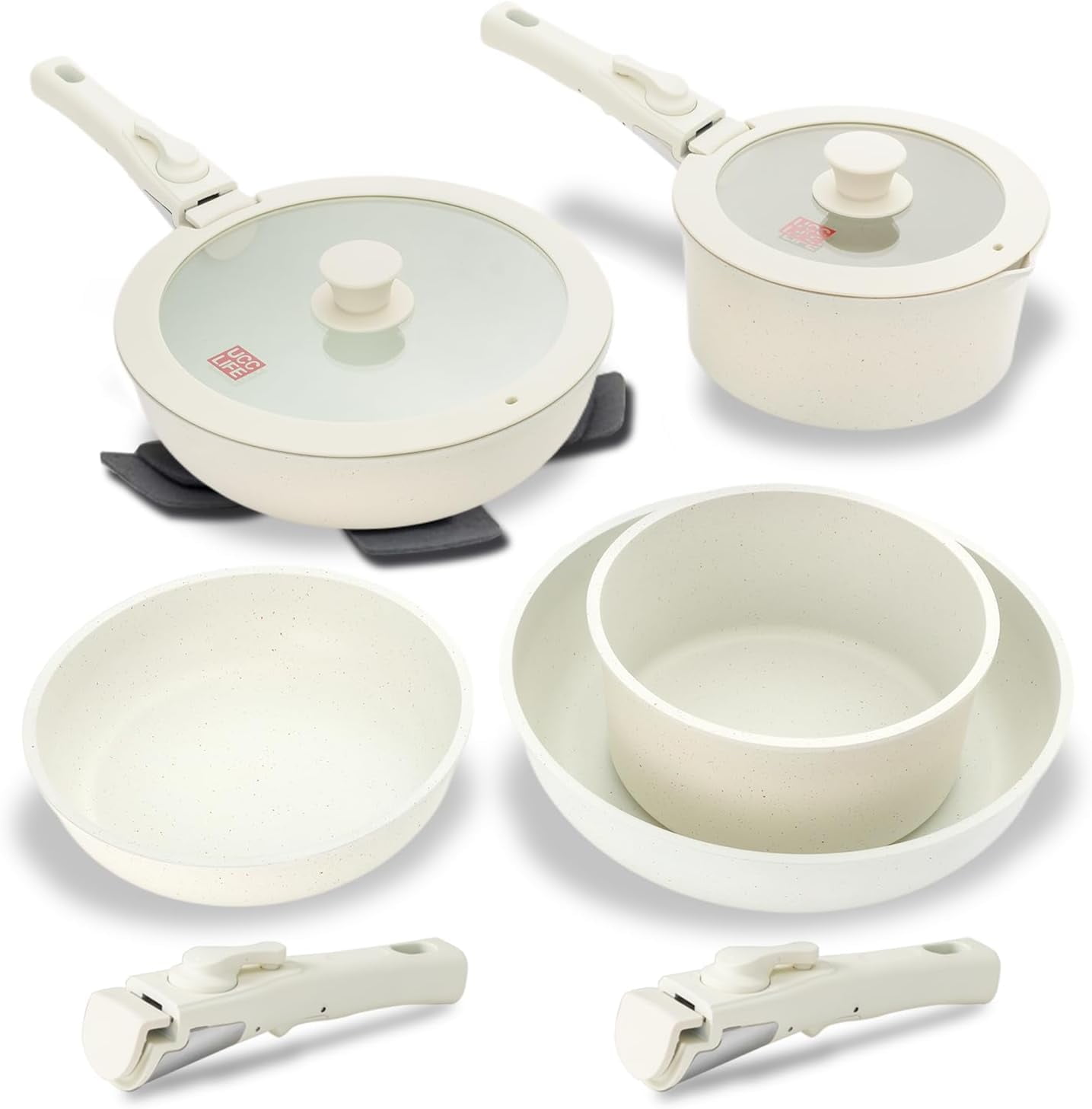 Non Stick Pots and Pan Set, 11Pcs Induction Pots and Pans, White Granite Detachable Handle ...
