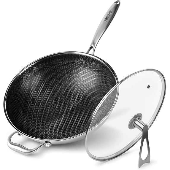 Non-Stick Stainless Steel Wok Pan with Self-Balancing Lid and Honeycomb ...