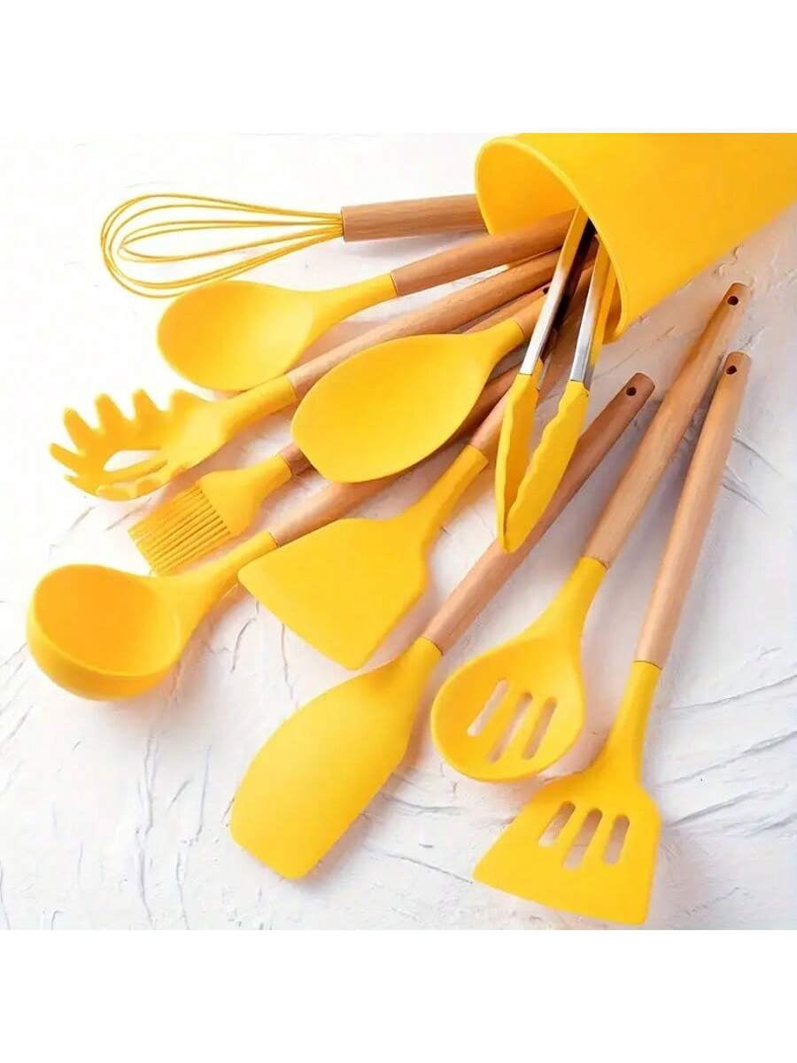 Non Stick Utensil Set 12pcs Silicone Kitchen Utensil Set Wooden Handles ...