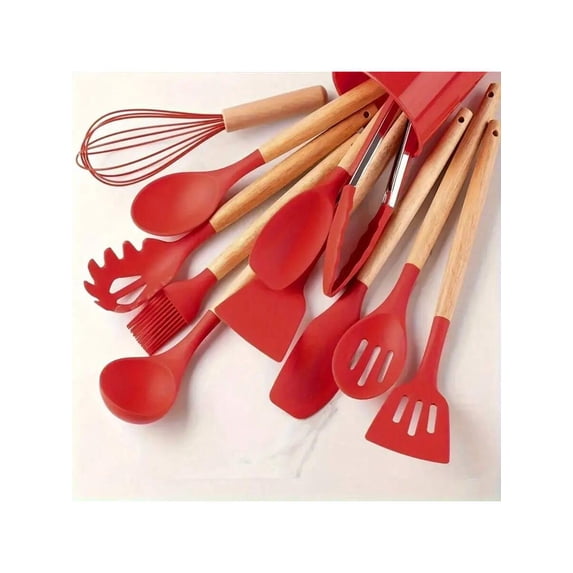 Non Stick Utensil Set 12pcs Silicone Kitchen Utensil Set Wooden Handles ...