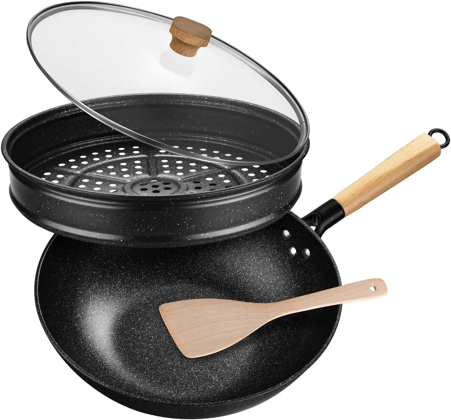 Non-Stick Wok with Steamer Basket,12 Inches Stir Fry Pans with Lid, Wok ...