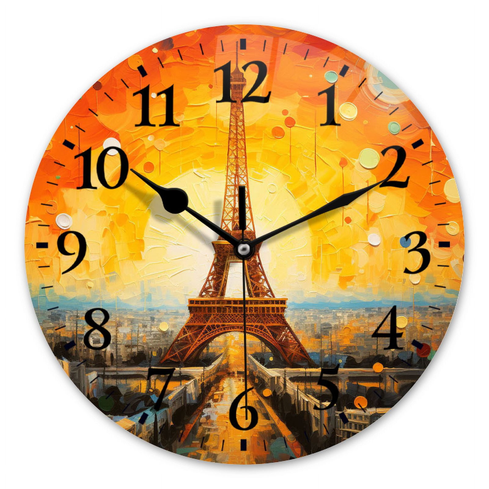 Round Wall Clock,Eiffel Tower In Sunset Sky With Orange And Yellow Hues ...