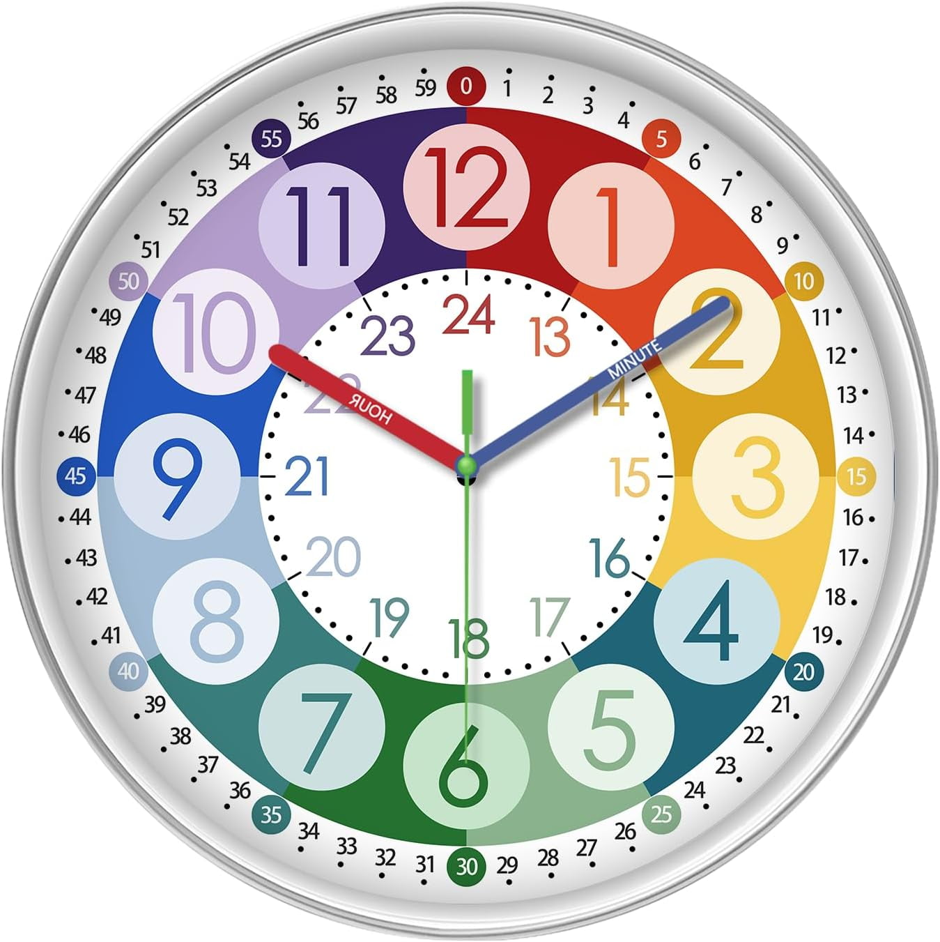 Non Ticking Wall Clock Battery Operated 12 Inch - Time Teaching Clock ...