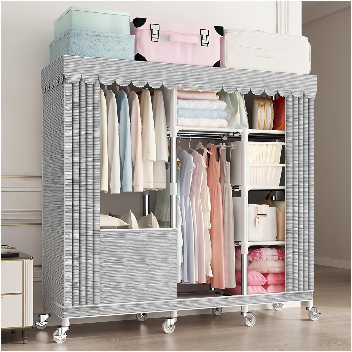 Non-Woven Fabric Clothes Rack Heavy Duty Closet Wardrobe with Wheels ...