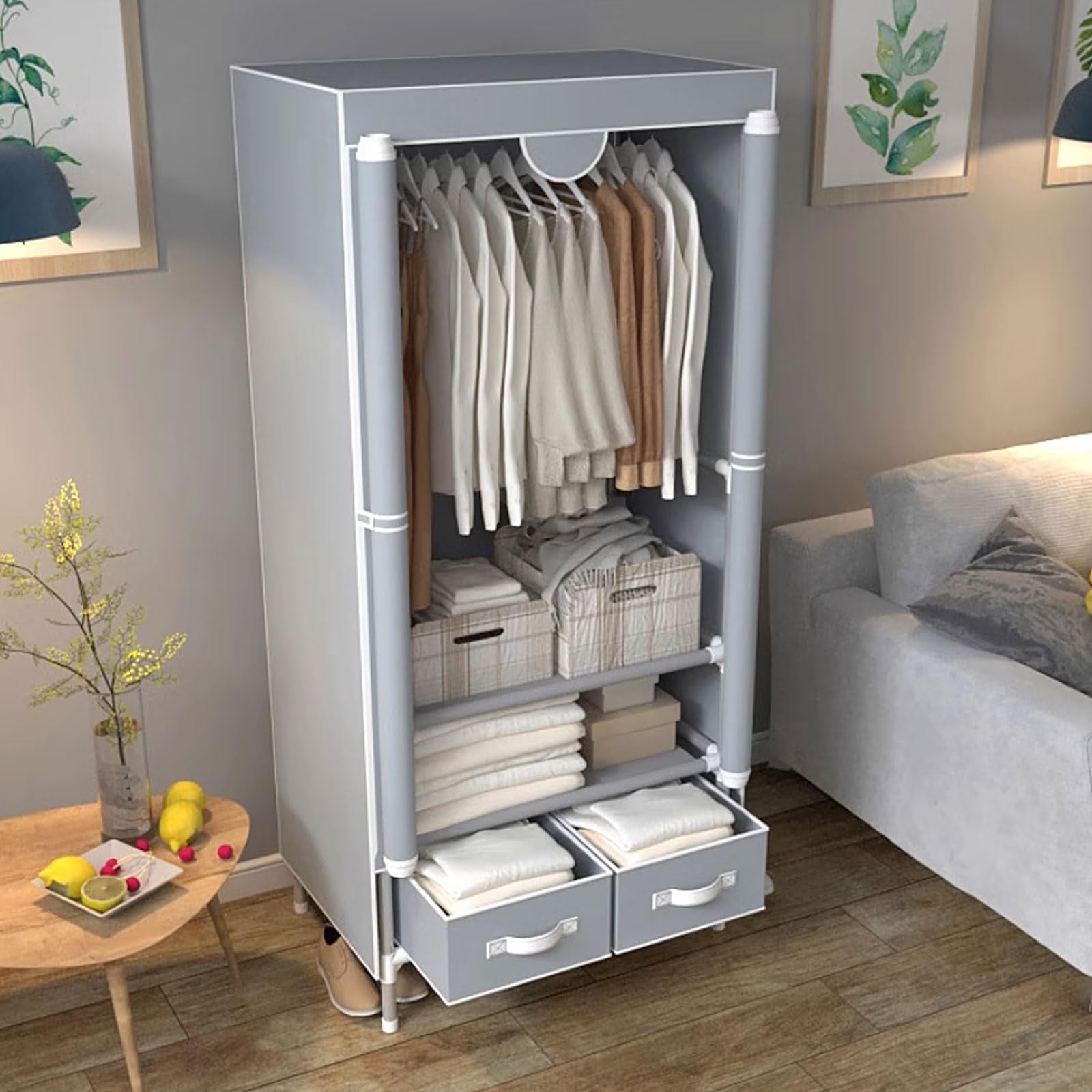 Non-Woven Fabric Portable Closet Wardrobe with Rolling Door & Hanging ...