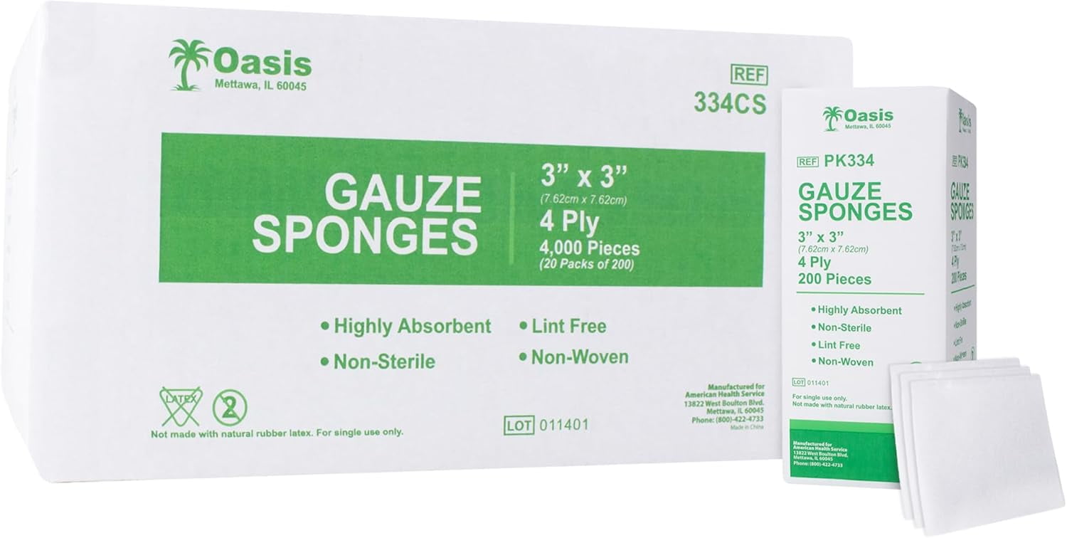 Oasis 3 x 3 inch Gauze Sponges, Lint & Latex Free, 4-Ply Absorbent Non ...
