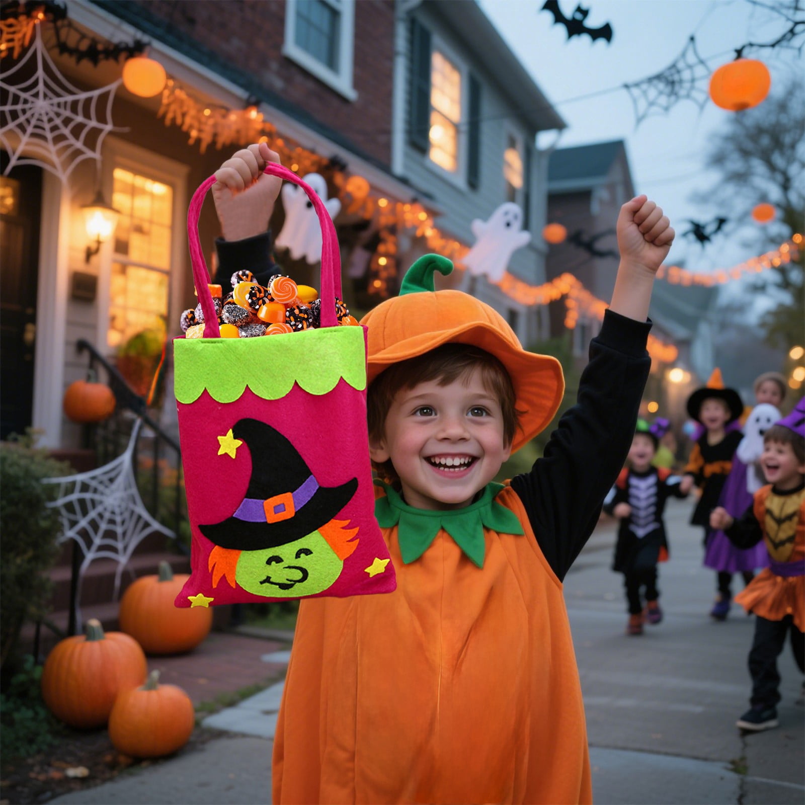 Non-Woven Halloween Tote Bag 10.24x8.66in Pumpkin Ghost Candy Carrier ...