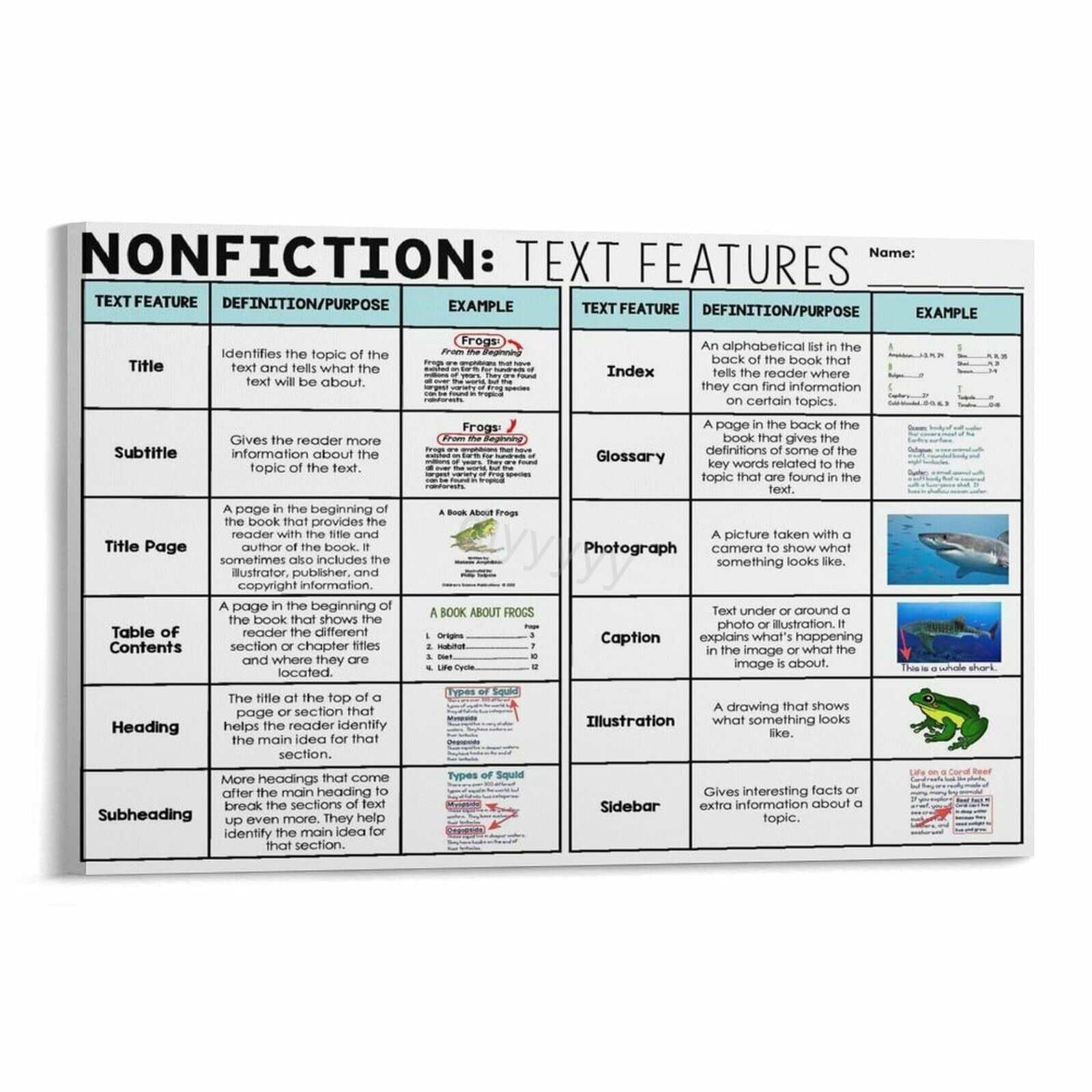 Non-fiction Text Features Poster (2) Canvas Painting Wall Art Poster ...