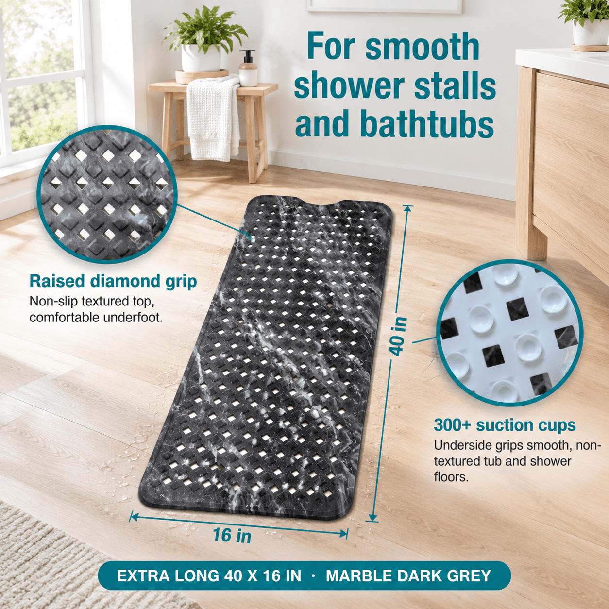 Non-slip Bath Mat 40x16 Extra Long Marble Dark Grey - Walmart.com