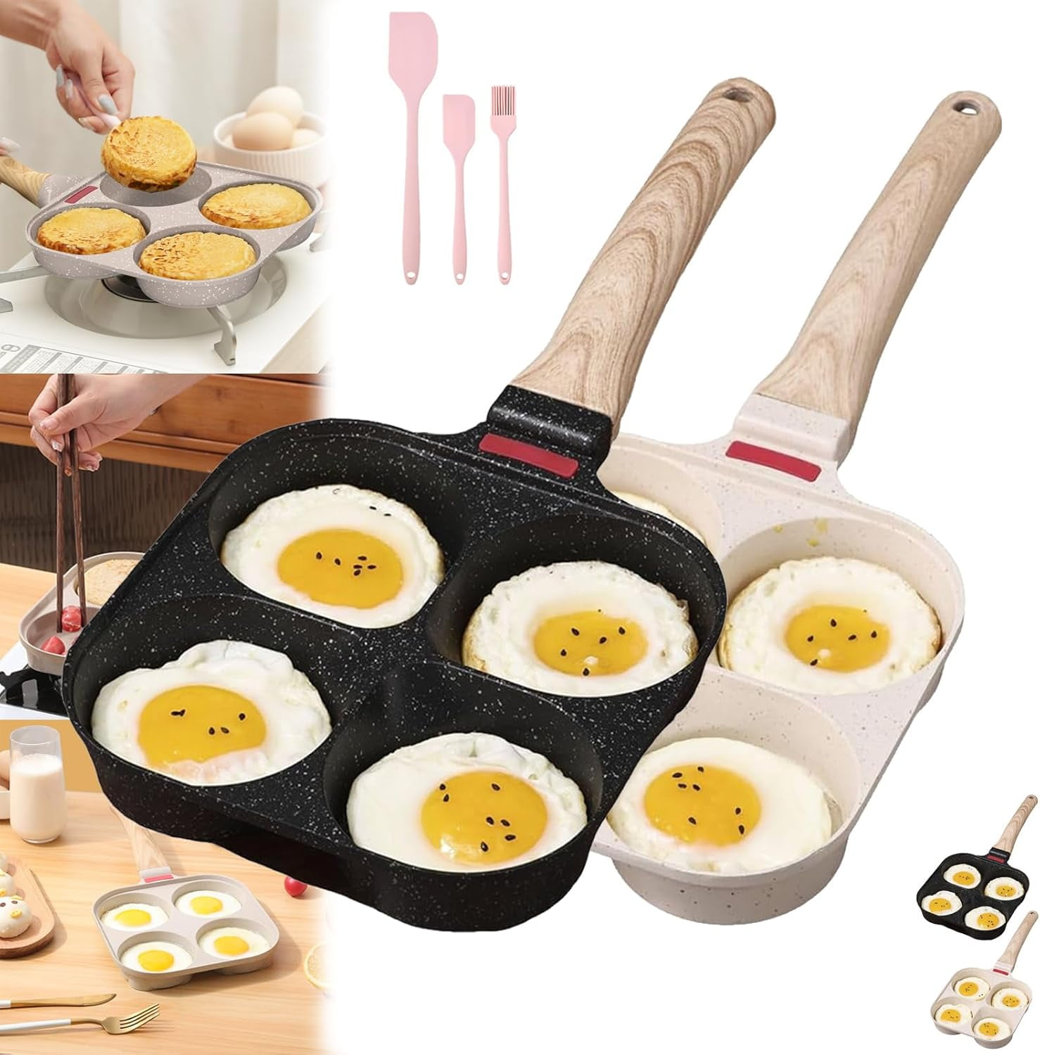 Non-stick Egg Frying Pan, 4 Holes Skillet with Handle, Multifunctional ...