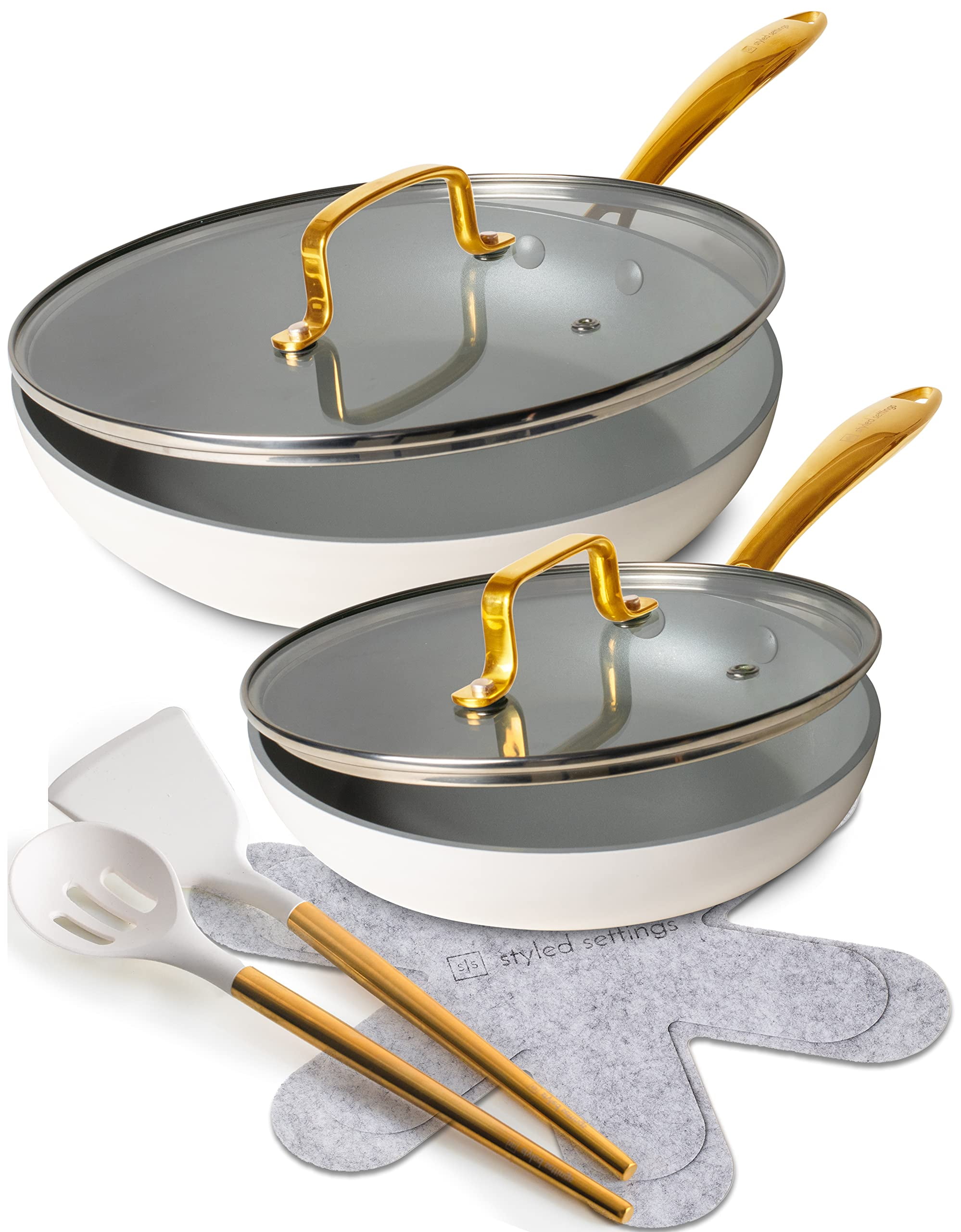 Non stick Frying Pan Set-8PC Gold & White Pan Set with Lids, Non Toxic ...