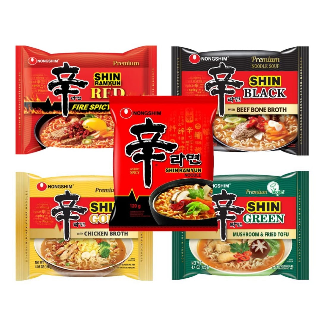 Nongshim Gourmet Spicy Shin Instant Ramen Noodle 5 Flavor Combo (Shin Ramen, Shin Ramen Black ...