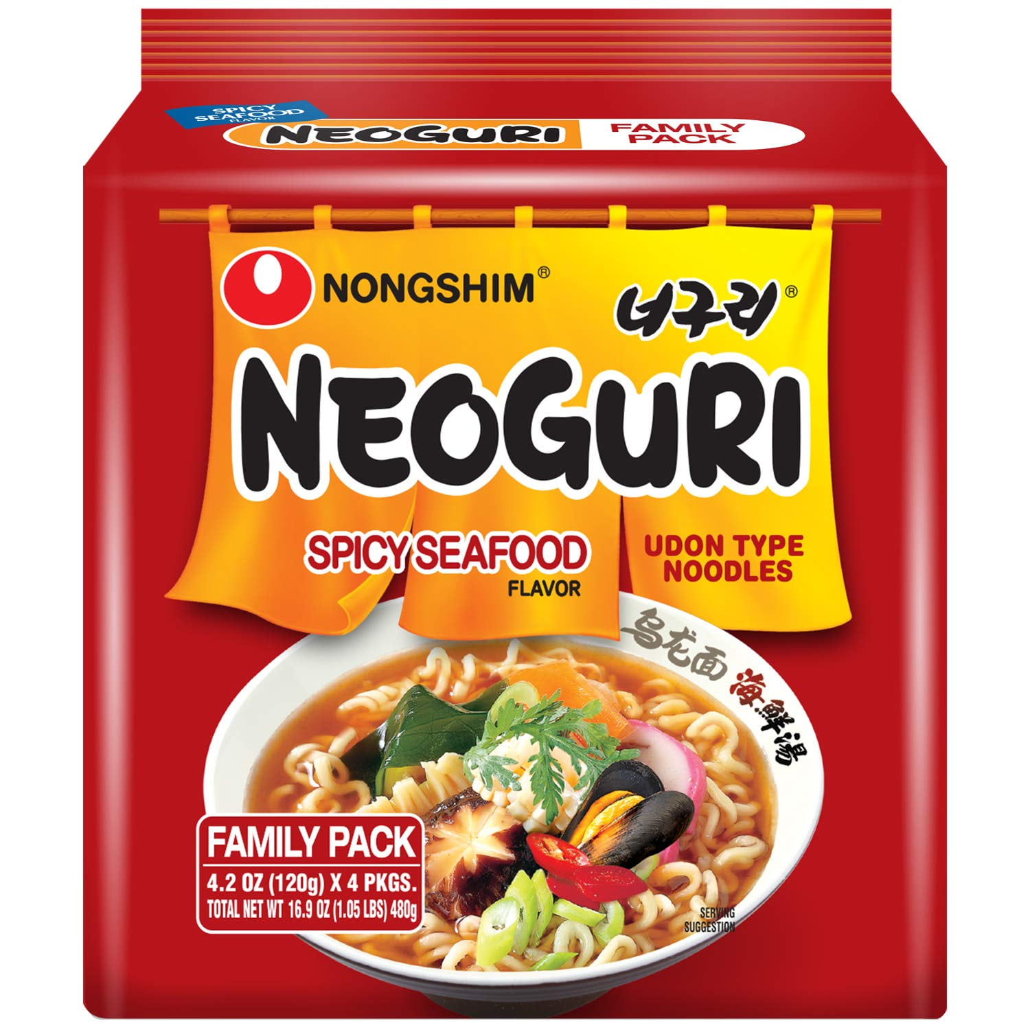Nongshim Neoguri Spicy Seafood with Udon-Style Noodle, 4.2 Ounce, 4 ...