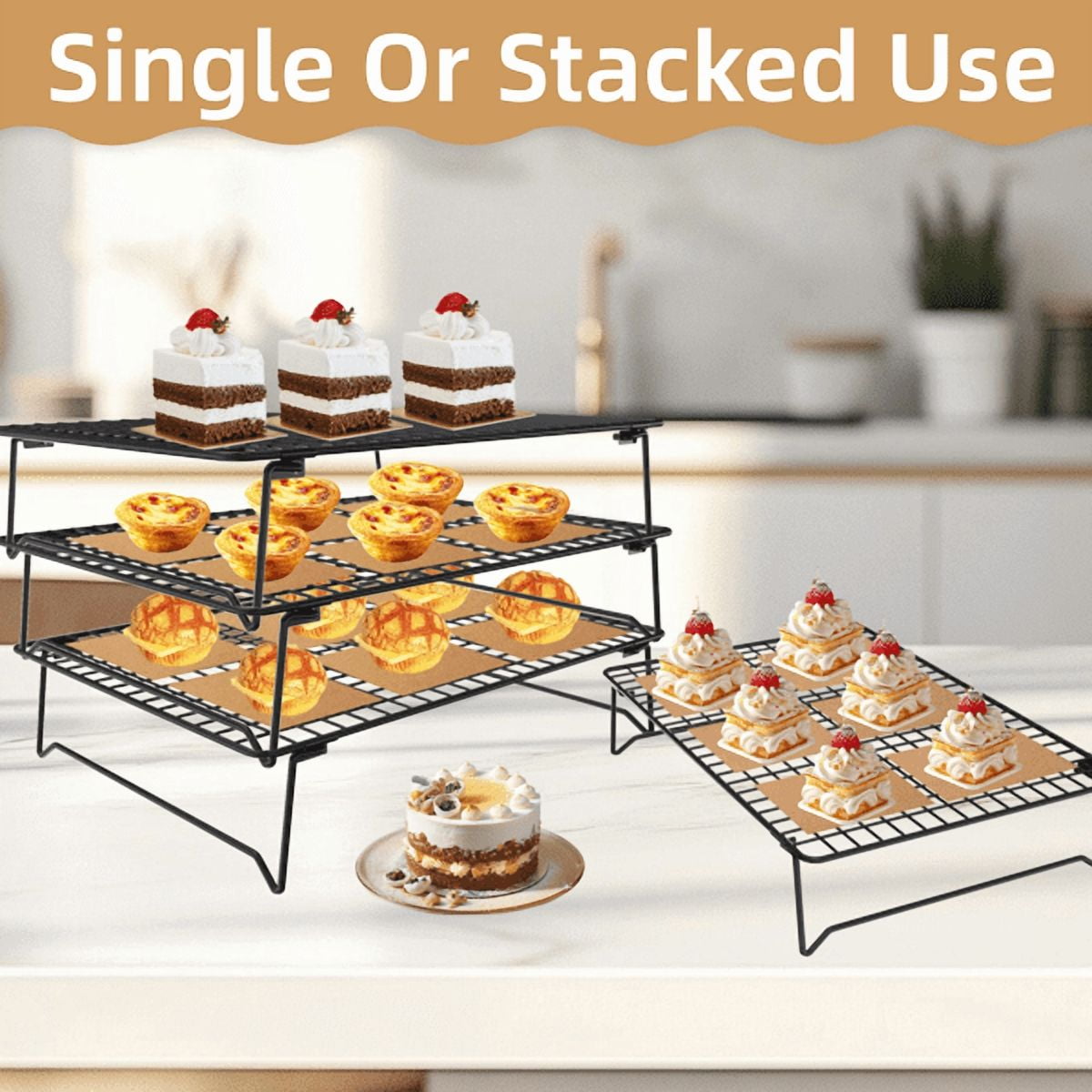 Nonstick 3-Tier Wire Cooling Racks with 100 Sheets – Stackable Baking ...