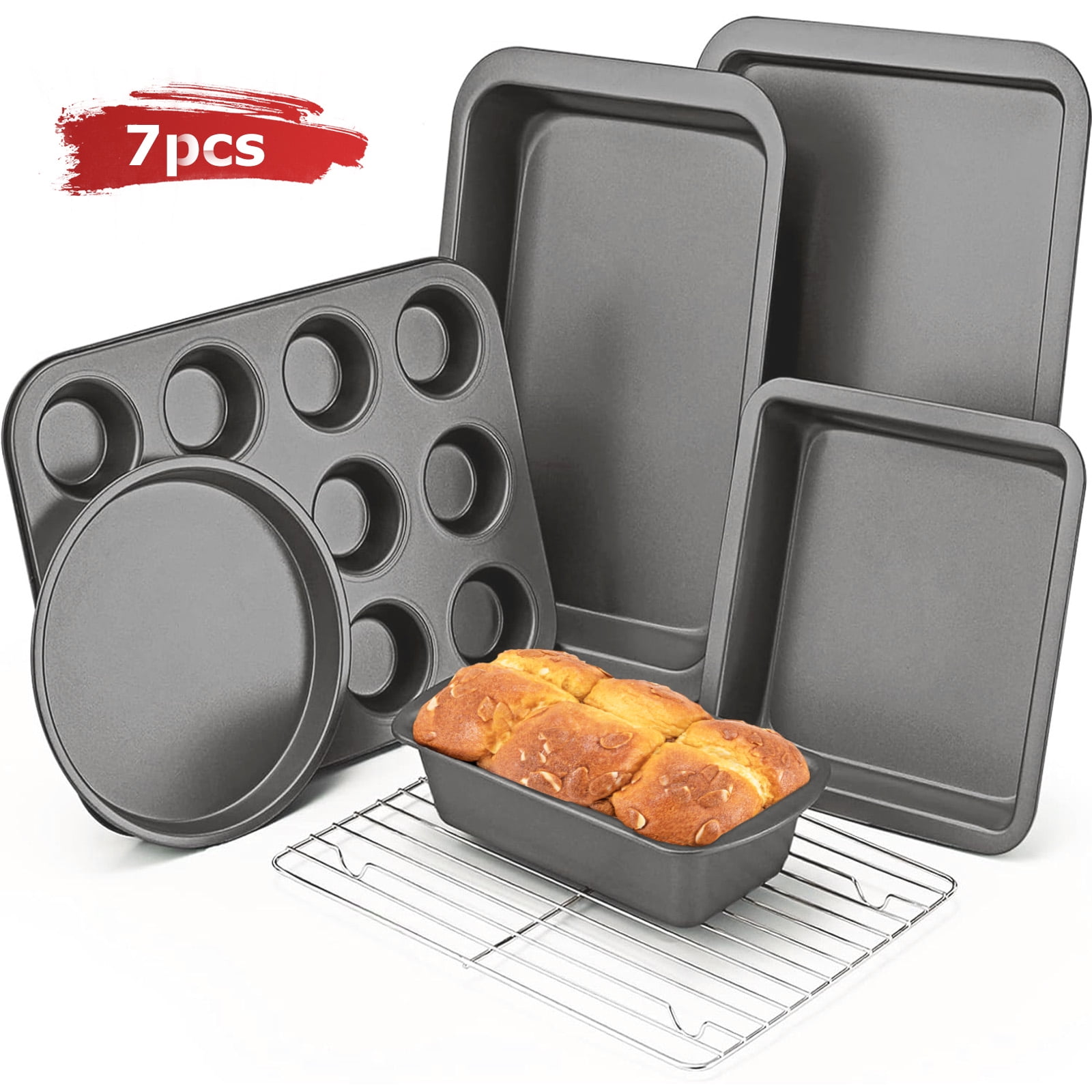 KITESSENSU 7-Pc Nonstick Bakeware Set, Oven-Safe Pans, Cake Pan, Cookie ...