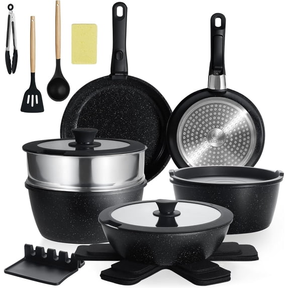 Nonstick Ceramic Cookware Set 21 count with Detachable Handle, Pans and ...