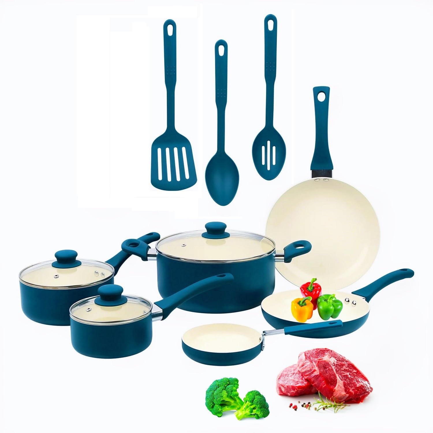 Nonstick Cookware Set, Ceramic Coating,12 pieces, Cooking Pots and Pans ...