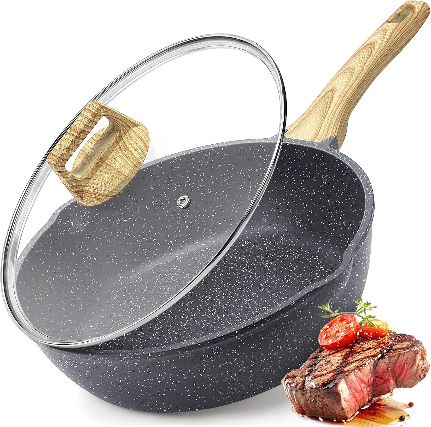 Nonstick Deep Frying Pan Skillet, 9.5" Saute Pan with Lid, Granite ...