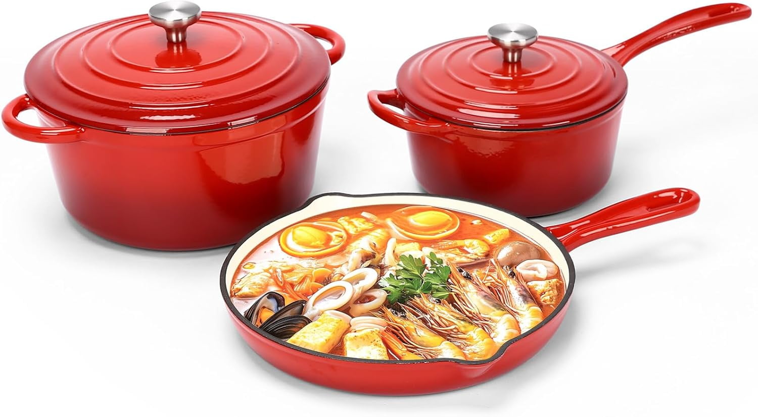 Nonstick Enameled Cast Iron Cookware Set, 5-Pcs Pots and Pans with Lid ...