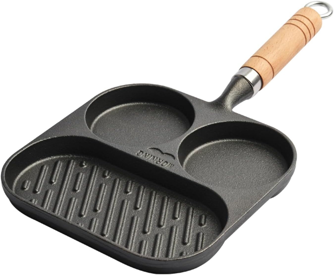 Nonstick Frying Pan,3-Section Cast Iron Egg Pan Divided Pan with Wooden ...